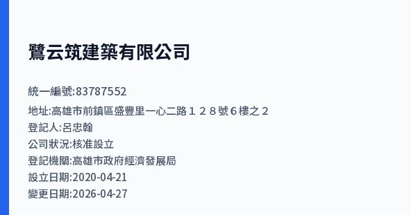 鷺云筑建築有限公司的照片-統編 83787552(高雄市) 公司登記資料與營業項目詳細圖表