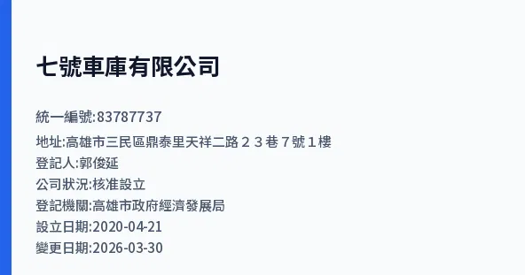七號車庫有限公司的照片-統編 83787737(高雄市) 公司登記資料與營業項目詳細圖表