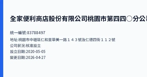 全家便利商店股份有限公司桃園市第四四○分公司的照片-統編 83788497(桃園市) 公司登記資料與營業項目詳細圖表