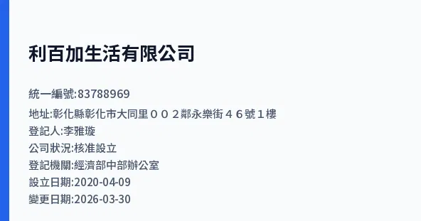 利百加生活有限公司的照片-統編 83788969(彰化縣) 公司登記資料與營業項目詳細圖表