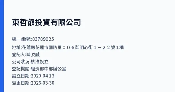東哲叡投資有限公司的照片-統編 83789025(花蓮縣) 公司登記資料與營業項目詳細圖表