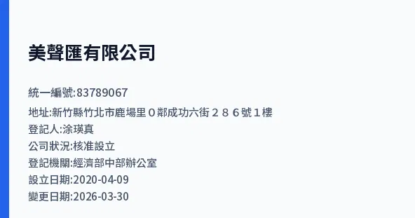 美聲匯有限公司的照片-統編 83789067(新竹縣) 公司登記資料與營業項目詳細圖表