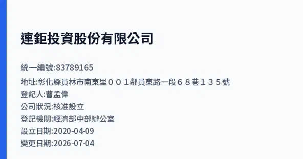 連鉅投資股份有限公司的照片-統編 83789165(彰化縣) 公司登記資料與營業項目詳細圖表