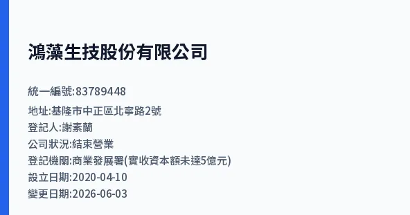 鴻藻生技股份有限公司的照片-統編 83789448(基隆市) 公司登記資料與營業項目詳細圖表