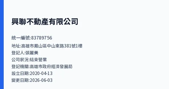 興聯不動產有限公司的照片-統編 83789756(高雄市) 公司登記資料與營業項目詳細圖表
