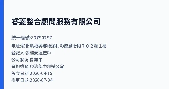 睿菱整合顧問服務有限公司的照片-統編 83790297(彰化縣) 公司登記資料與營業項目詳細圖表