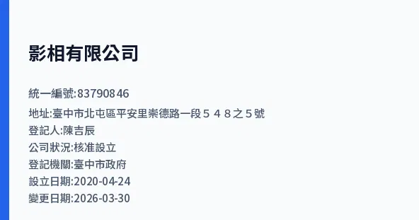 影相有限公司的照片-統編 83790846(臺中市) 公司登記資料與營業項目詳細圖表