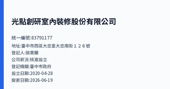 光點創研室內裝修股份有限公司的照片-統編 83791177(臺中市) 公司登記資料與營業項目詳細圖表