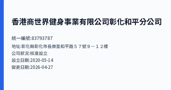 香港商世界健身事業有限公司彰化和平分公司的照片-統編 83793787(彰化縣) 公司登記資料與營業項目詳細圖表