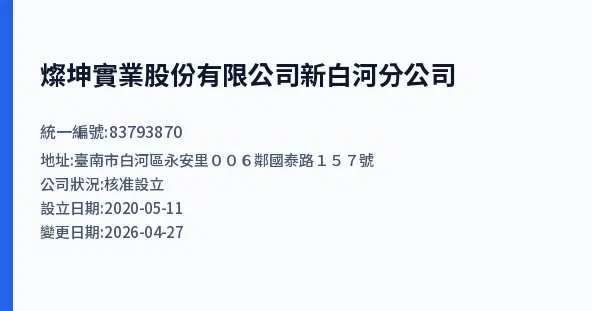 燦坤實業股份有限公司新白河分公司的照片-統編 83793870(臺南市) 公司登記資料與營業項目詳細圖表