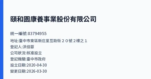 頤和園康養事業股份有限公司的照片-統編 83794955(臺中市) 公司登記資料與營業項目詳細圖表