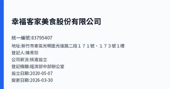 幸福客家美食股份有限公司的照片-統編 83795407(新竹市) 公司登記資料與營業項目詳細圖表