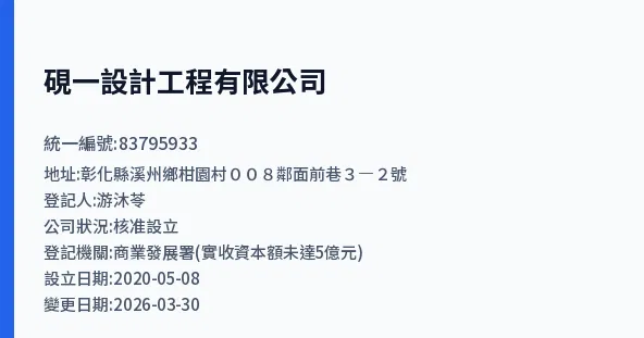 硯一設計工程有限公司的照片-統編 83795933(彰化縣) 公司登記資料與營業項目詳細圖表