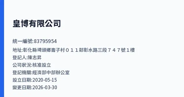 皇博有限公司的照片-統編 83795954(彰化縣) 公司登記資料與營業項目詳細圖表