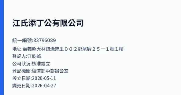 江氏添丁公有限公司的照片-統編 83796089(嘉義縣) 公司登記資料與營業項目詳細圖表