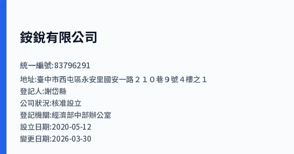 銨銳有限公司的照片-統編 83796291(臺中市) 公司登記資料與營業項目詳細圖表