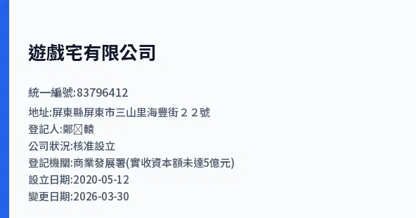 遊戲宅有限公司的照片-統編 83796412(屏東縣) 公司登記資料與營業項目詳細圖表