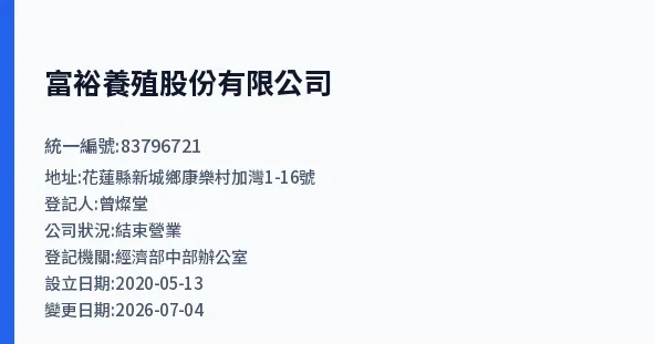 富裕養殖股份有限公司的照片-統編 83796721(花蓮縣) 公司登記資料與營業項目詳細圖表