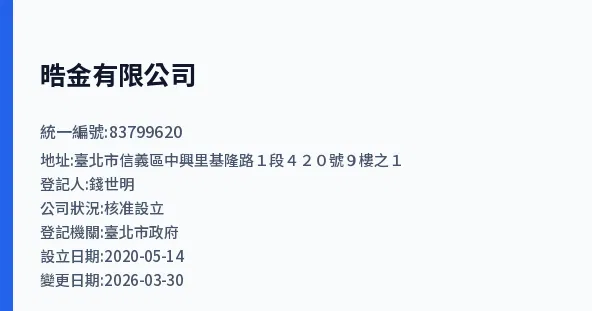 晧金有限公司的照片-統編 83799620(臺北市) 公司登記資料與營業項目詳細圖表