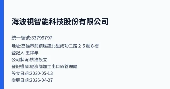 海波視智能科技股份有限公司的照片-統編 83799797(高雄市) 公司登記資料與營業項目詳細圖表