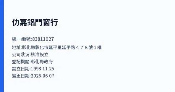 仂嘉鋁門窗行的照片-統編 83811027(彰化縣) 公司登記資料與營業項目詳細圖表