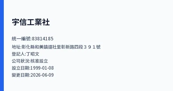 宇信工業社的照片-統編 83814185(彰化縣) 公司登記資料與營業項目詳細圖表