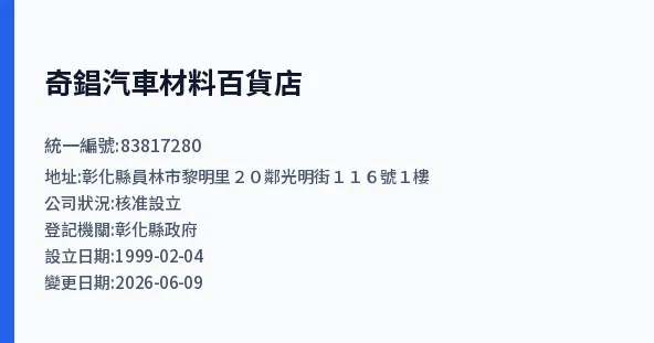 奇錩汽車材料百貨店的照片-統編 83817280(彰化縣) 公司登記資料與營業項目詳細圖表