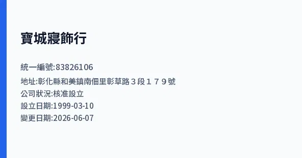 寶城寢飾行的照片-統編 83826106(彰化縣) 公司登記資料與營業項目詳細圖表