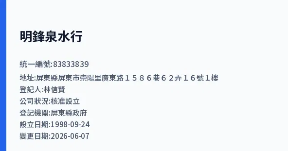明鋒泉水行的照片-統編 83833839(屏東縣) 公司登記資料與營業項目詳細圖表