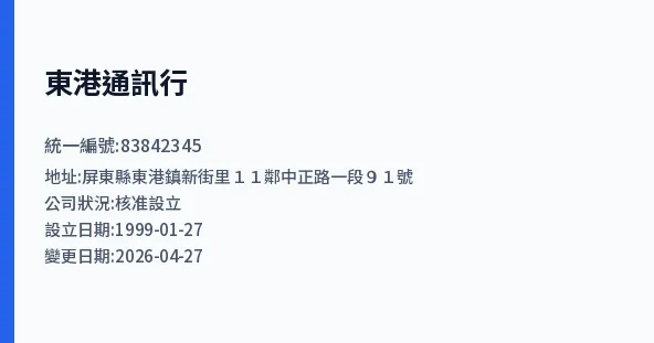 東港通訊行的照片-統編 83842345(屏東縣) 公司登記資料與營業項目詳細圖表
