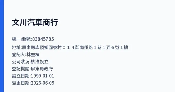 文川汽車商行的照片-統編 83845785(屏東縣) 公司登記資料與營業項目詳細圖表