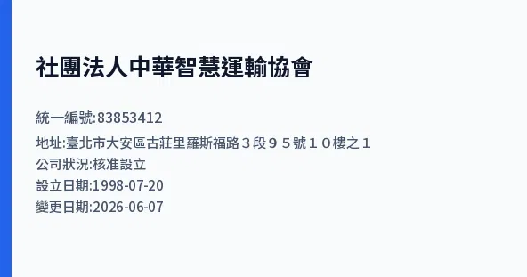 社團法人中華智慧運輸協會的照片-統編 83853412(臺北市) 公司登記資料與營業項目詳細圖表