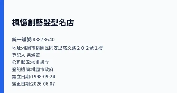 楓憶創藝髮型名店的照片-統編 83873640(桃園市) 公司登記資料與營業項目詳細圖表