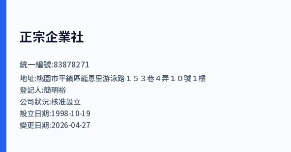 正宗企業社的照片-統編 83878271(桃園市) 公司登記資料與營業項目詳細圖表