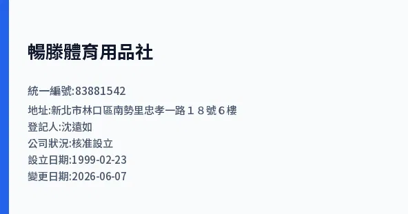 暢滕體育用品社的照片-統編 83881542(新北市) 公司登記資料與營業項目詳細圖表