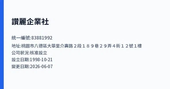讚麗企業社的照片-統編 83881992(桃園市) 公司登記資料與營業項目詳細圖表