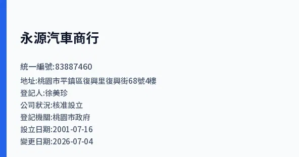 永源汽車商行的照片-統編 83887460(桃園市) 公司登記資料與營業項目詳細圖表