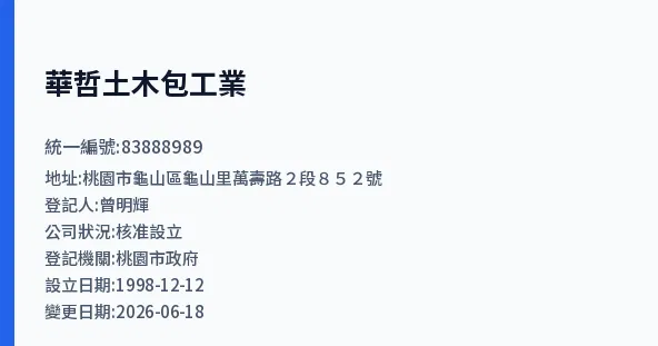 華哲土木包工業的照片-統編 83888989(桃園市) 公司登記資料與營業項目詳細圖表