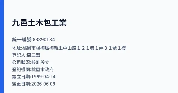 九邑土木包工業的照片-統編 83890134(桃園市) 公司登記資料與營業項目詳細圖表