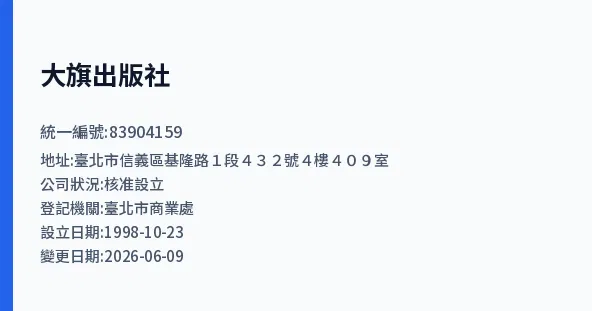 大旗出版社的照片-統編 83904159(臺北市) 公司登記資料與營業項目詳細圖表