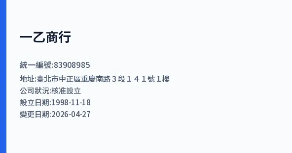 一乙商行的照片-統編 83908985(臺北市) 公司登記資料與營業項目詳細圖表