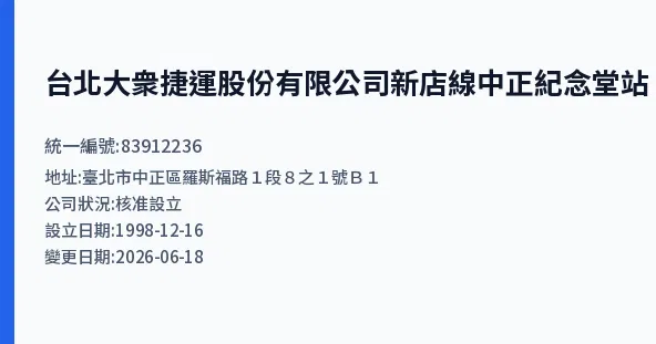 台北大衆捷運股份有限公司新店線中正紀念堂站的照片-統編 83912236(臺北市) 公司登記資料與營業項目詳細圖表