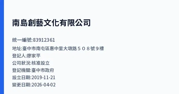 南島創藝文化有限公司的照片-統編 83912361(臺中市) 公司登記資料與營業項目詳細圖表