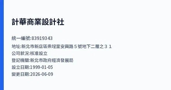 計華商業設計社的照片-統編 83919343(新北市) 公司登記資料與營業項目詳細圖表