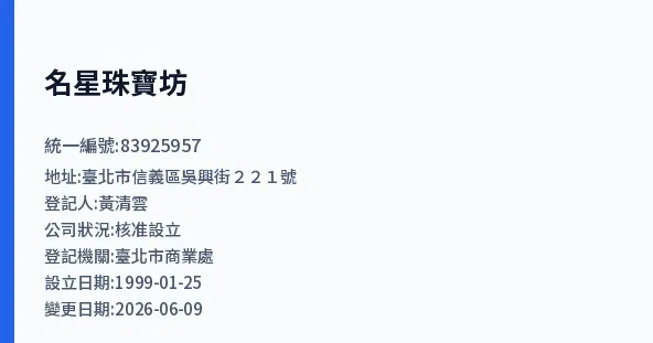 名星珠寶坊的照片-統編 83925957(臺北市) 公司登記資料與營業項目詳細圖表