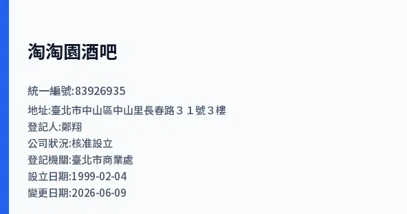 淘淘園酒吧的照片-統編 83926935(臺北市) 公司登記資料與營業項目詳細圖表