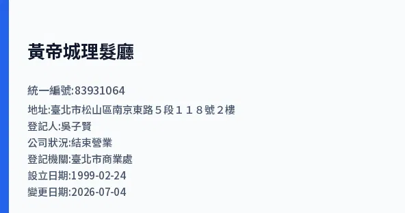 黃帝城理髮廳的照片-統編 83931064(臺北市) 公司登記資料與營業項目詳細圖表