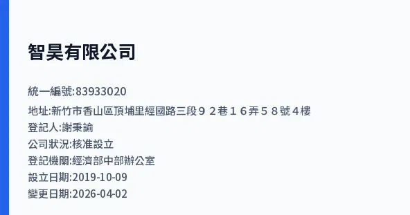 智昊有限公司的照片-統編 83933020(新竹市) 公司登記資料與營業項目詳細圖表