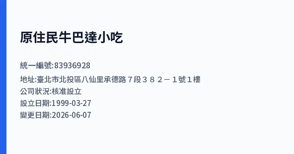 原住民牛巴達小吃的照片-統編 83936928(臺北市) 公司登記資料與營業項目詳細圖表