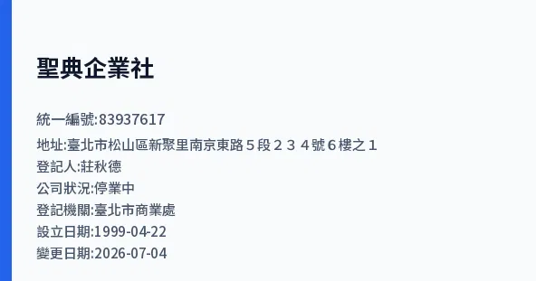 聖典企業社的照片-統編 83937617(臺北市) 公司登記資料與營業項目詳細圖表